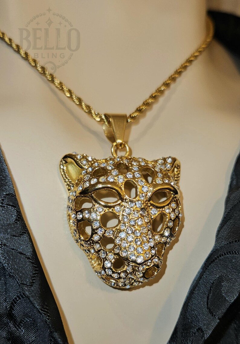 Sparkling Leopard Head Pendant Necklace - Gold Finish, Hip Hop Bling ...