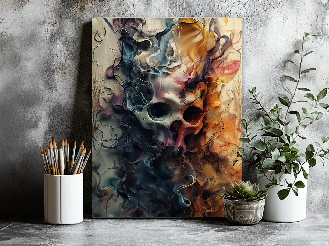 Flaming Skull Wall Art, Abstract Skull Artwork, Skull Canvas Wall Art ...