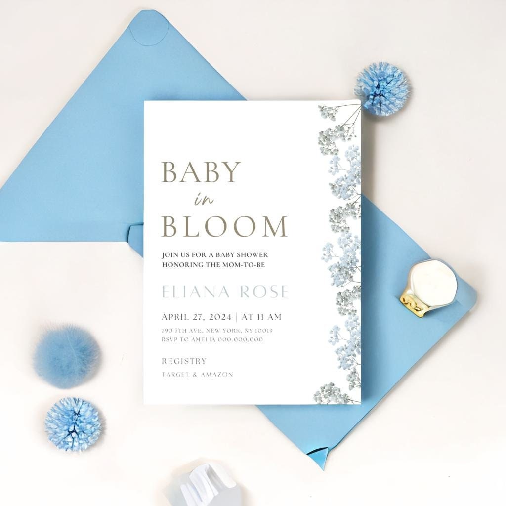 Light Blue Baby Shower Invitation Template, Floral Baby in Bloom, Baby ...