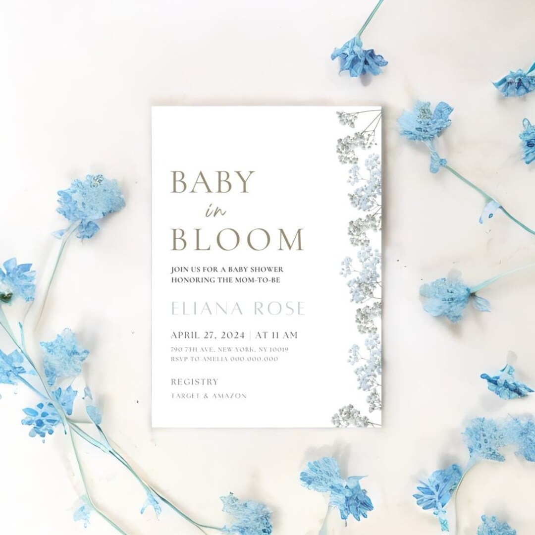 Light Blue Baby Shower Invitation Template, Floral Baby in Bloom, Baby ...