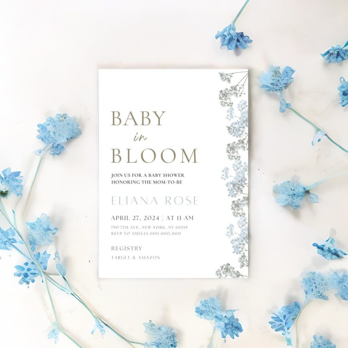 Light Blue Baby Shower Invitation Template, Floral Baby in Bloom, Baby ...