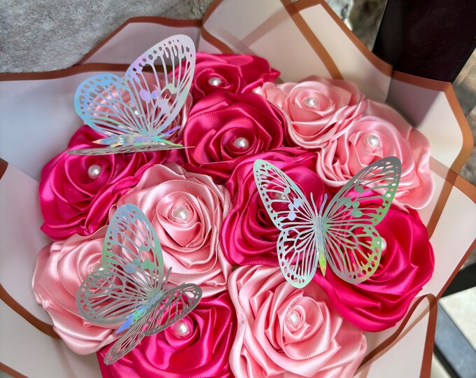 Eternal Roses Bouquet Handcrafted Satin Ribbon & Glitter Roses Unique ...