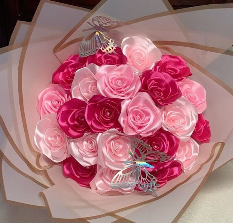 Eternal Roses Bouquet Handcrafted Satin Ribbon & Glitter Roses Unique ...