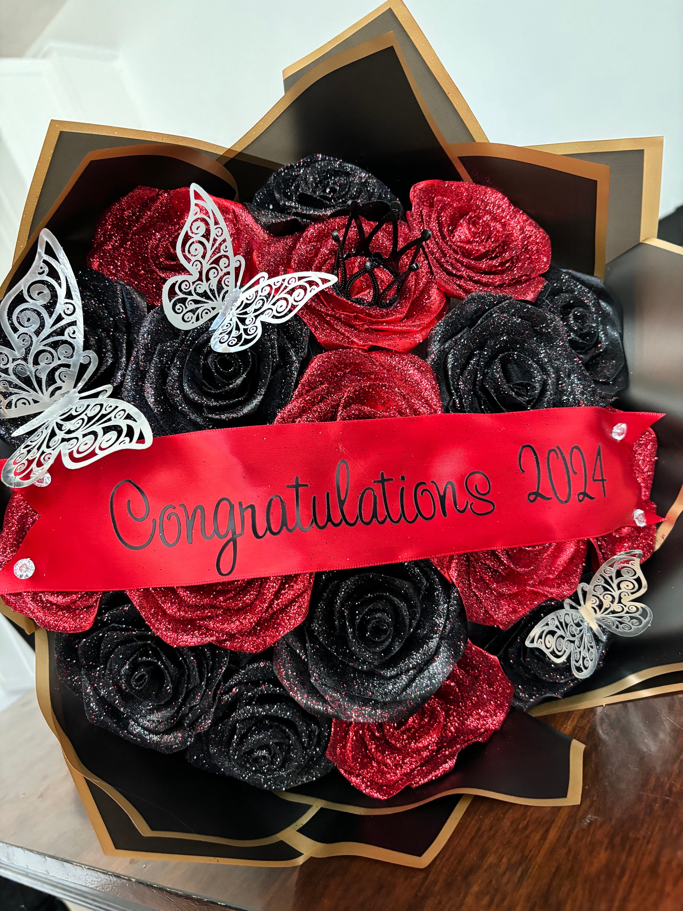 Glitter Eternal Roses Bouquet Handcrafted Satin Ribbon & Glitter Roses ...