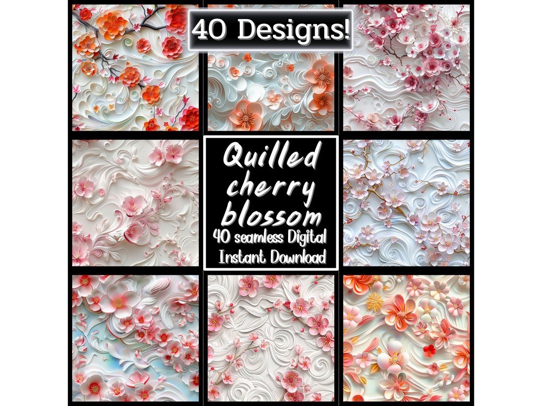 Quilled Cherry Blossom Print Digital Paper, Seamless Flower Patterns ...
