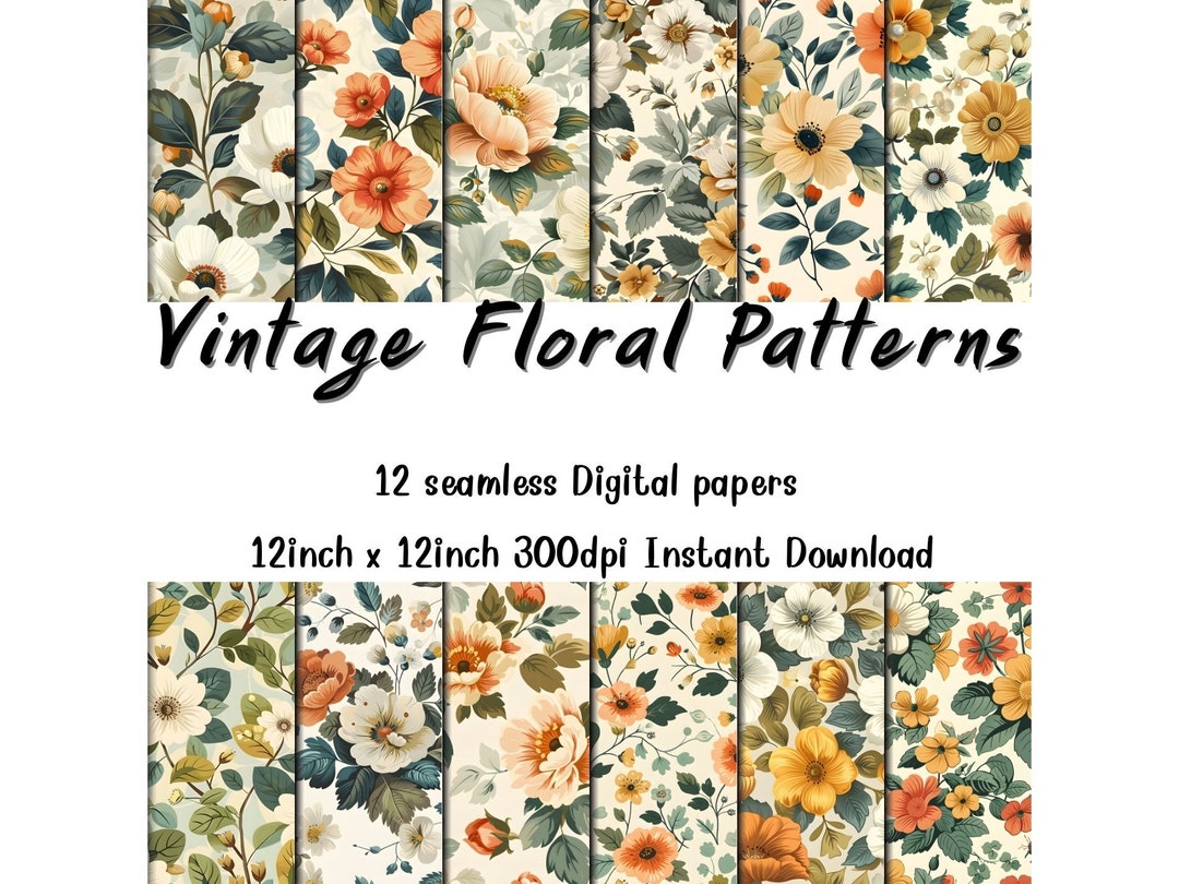Beautiful Vintage Floral Patterns Digital Download - Retro Flower ...