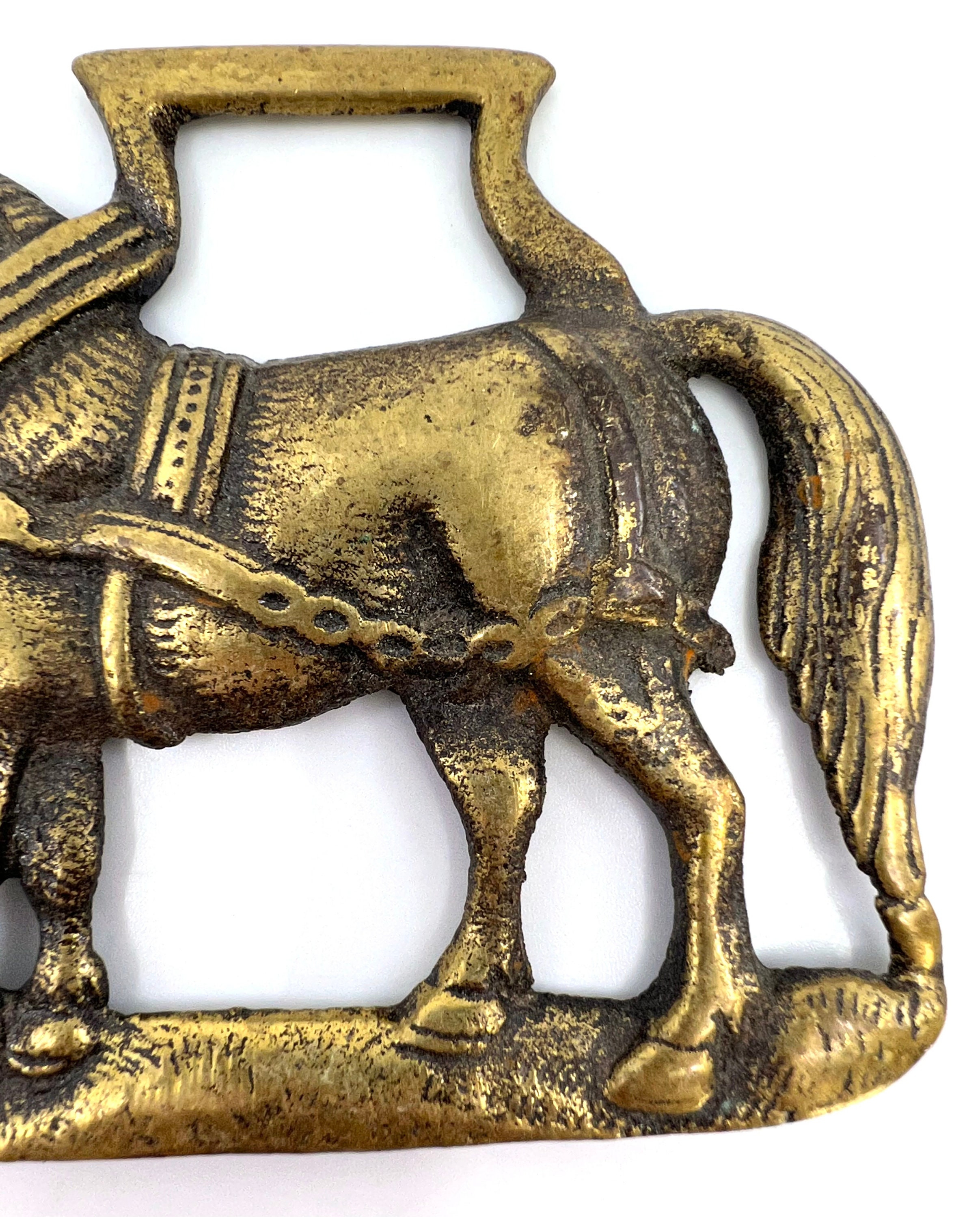 Horse Brass Heavy Shire Horse in Harness Signed Lowe Cast Repro Bar Pub ...