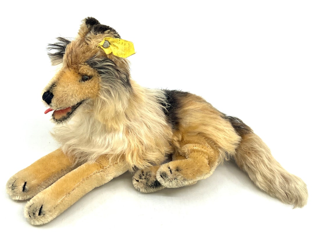Steiff Collie Dog Lying 1960s ID Button and Tag 25 Cm 10 Inches Mohair Plush Vintage Stuffed ...