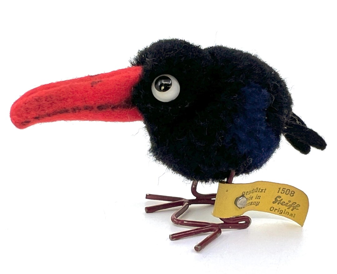 Steiff Woolen Raven Bird 1950s ID Button and Tag 8 Cm 3 Inches Wool Pom ...
