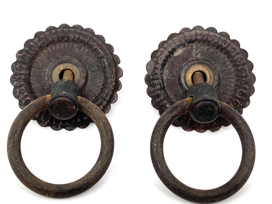 Antique Ring Pull Knob X 2 Cast Iron and Brass Drawer Dresser Cabinet ...