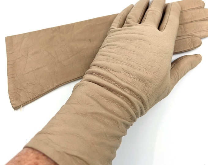 Vintage Alwyn Tan Kid Leather Wrist Length Gloves With Silk Lining Size ...