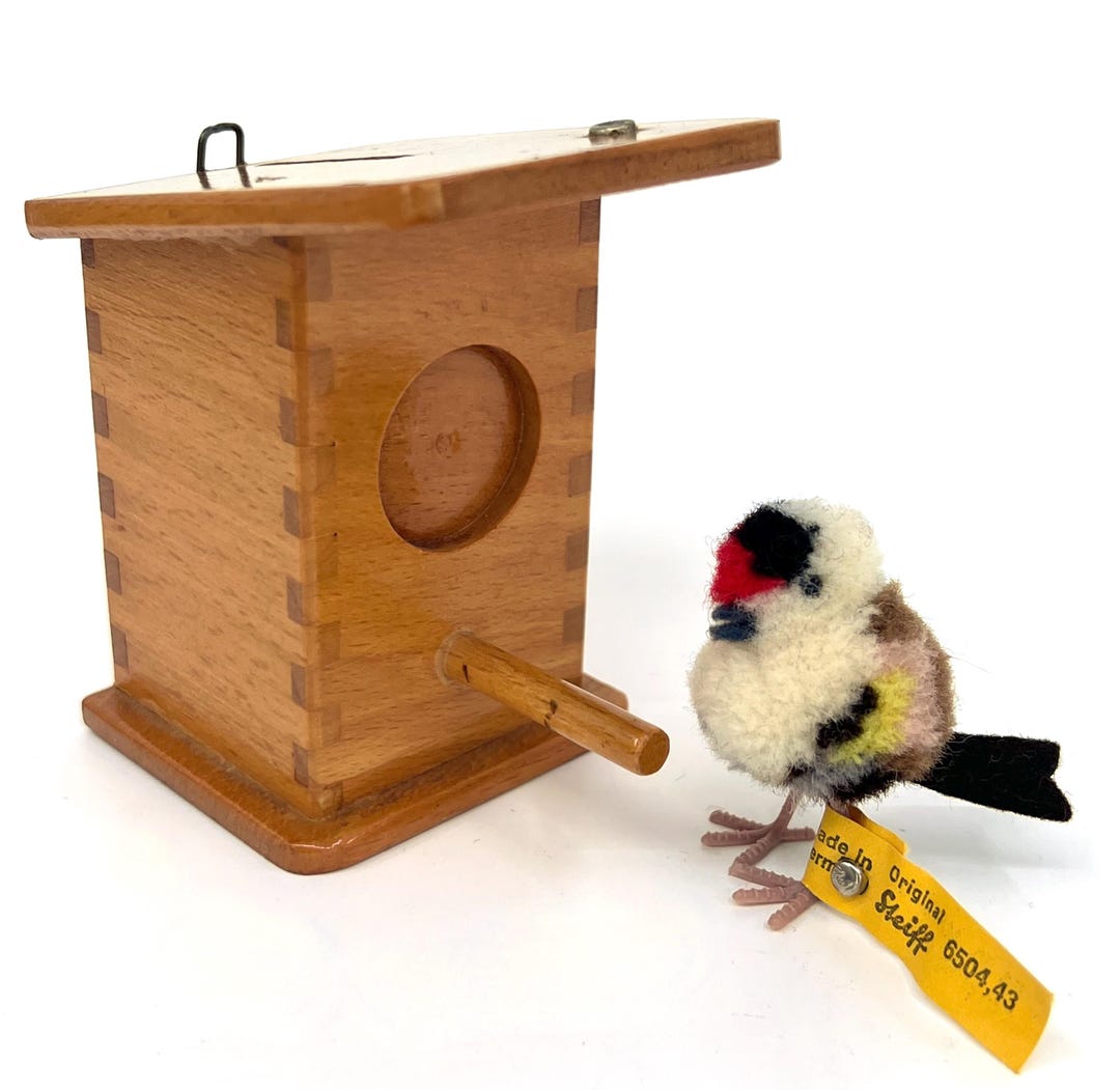 Steiff 1960s Wooden Birdhouse Bank 8 Cm 3 Inches and Woolen Finch Bird ...