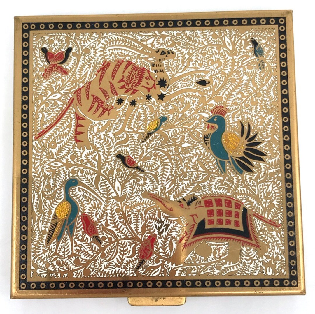Volupte USA Powder Compact 1950s Asian Jungle Animals Foliate Decor ...