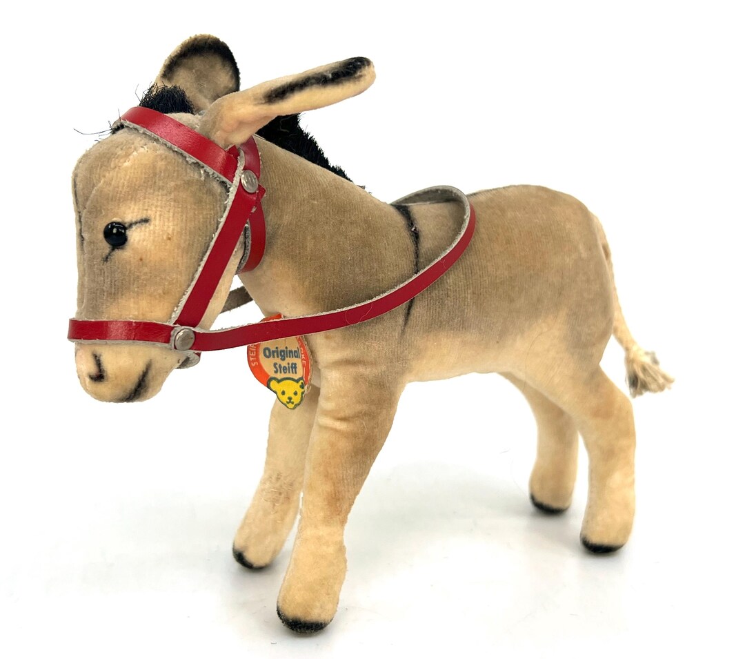 Steiff Donkey 1960s Velvet Plush ID Chest Tag 12 Cm 5 Inches Leather Reins Halter Vintage ...
