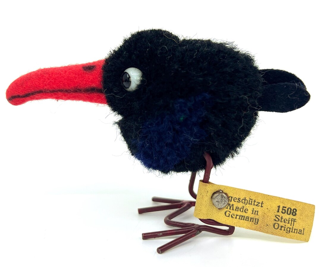 Steiff Woolen Raven Bird 1950s ID Button and Tag 8 Cm 3 Inches Wool Pom ...
