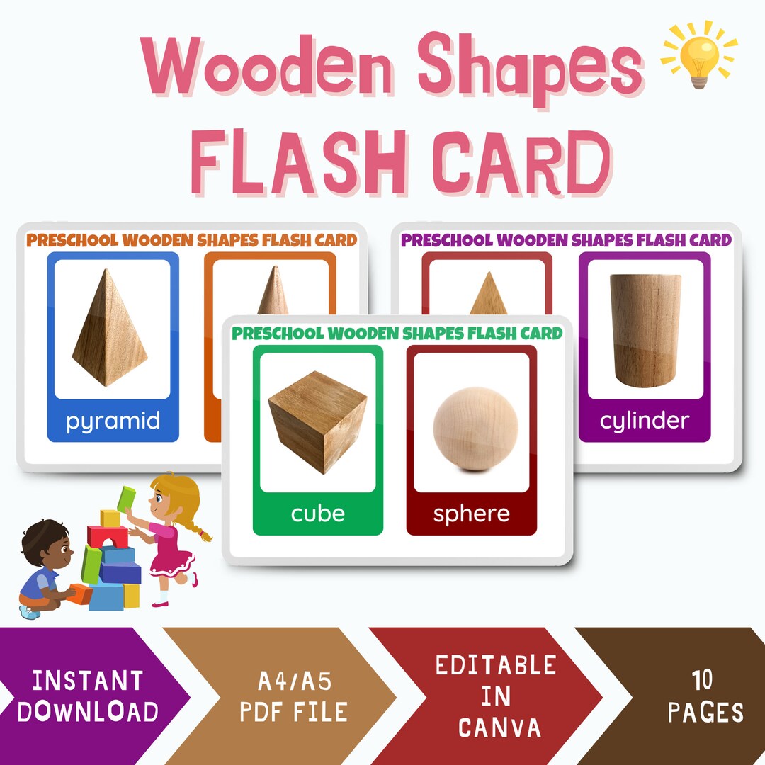 Wooden Shapes Flash Cards Set of Geometric Shapes and Names on Sturdy ...