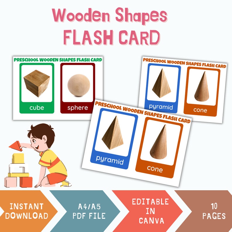 Wooden Shapes Flash Cards Set of Geometric Shapes and Names on Sturdy ...