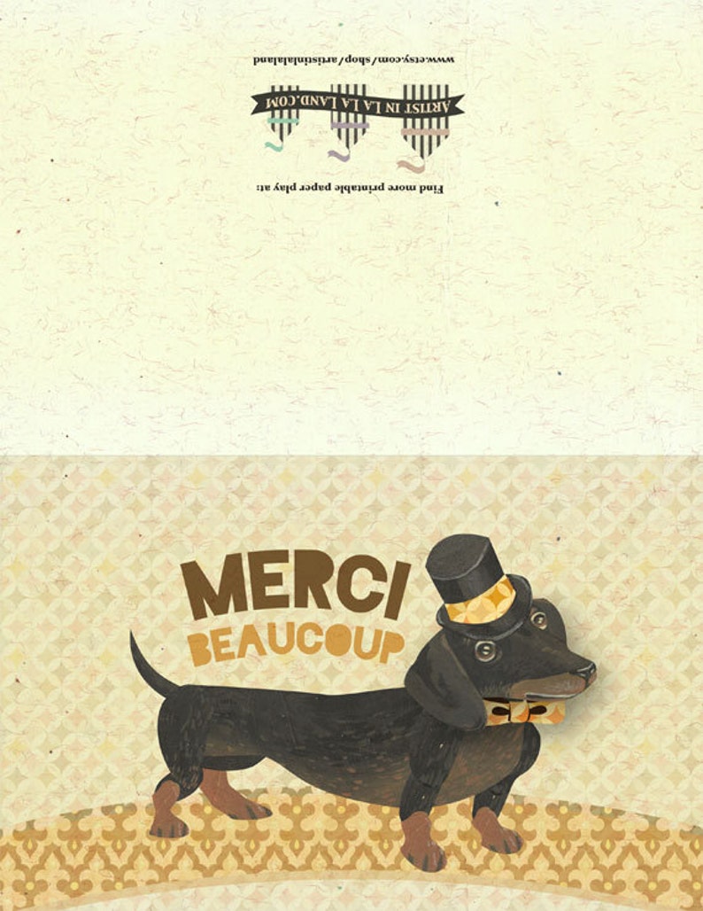 French Printable PDF Dapper Dachshund Dog Merci Thank You Card | Etsy