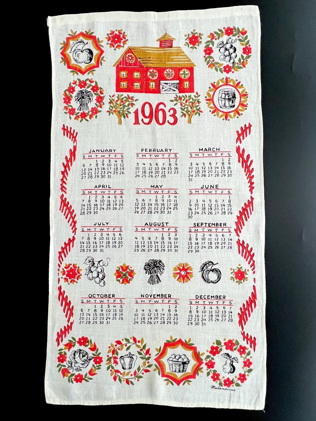 1963 Vintage Malandrino Calendar Dish/tea Towel With Farm Graphics in ...