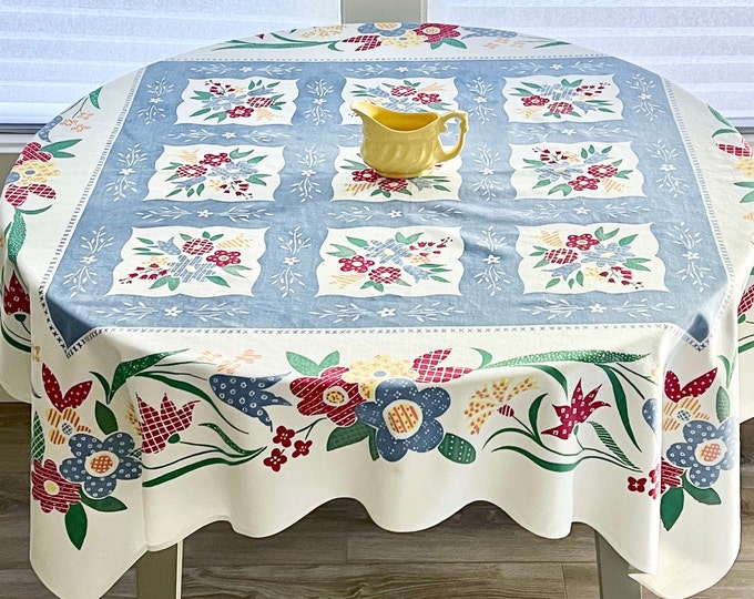 Vintage Simtex Floral Tablecloth With Blue, Red & Yellow Colors on a ...