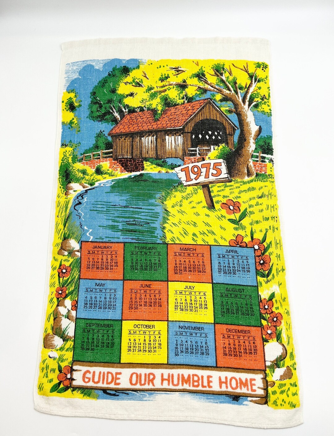 1975 Colorful Linen Calendar Dish/tea Towel With Covered Bridge Scene ...