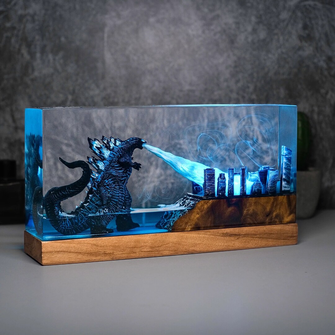Godzilla in Rectangle City Resin Lamp, Resin Epoxy Lamp, Wooden Lamp ...