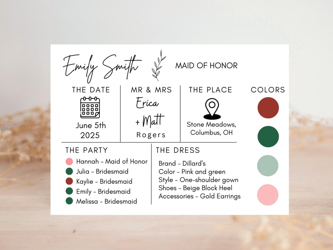 Bridal Party Info Card Template 7" by 5" - Etsy