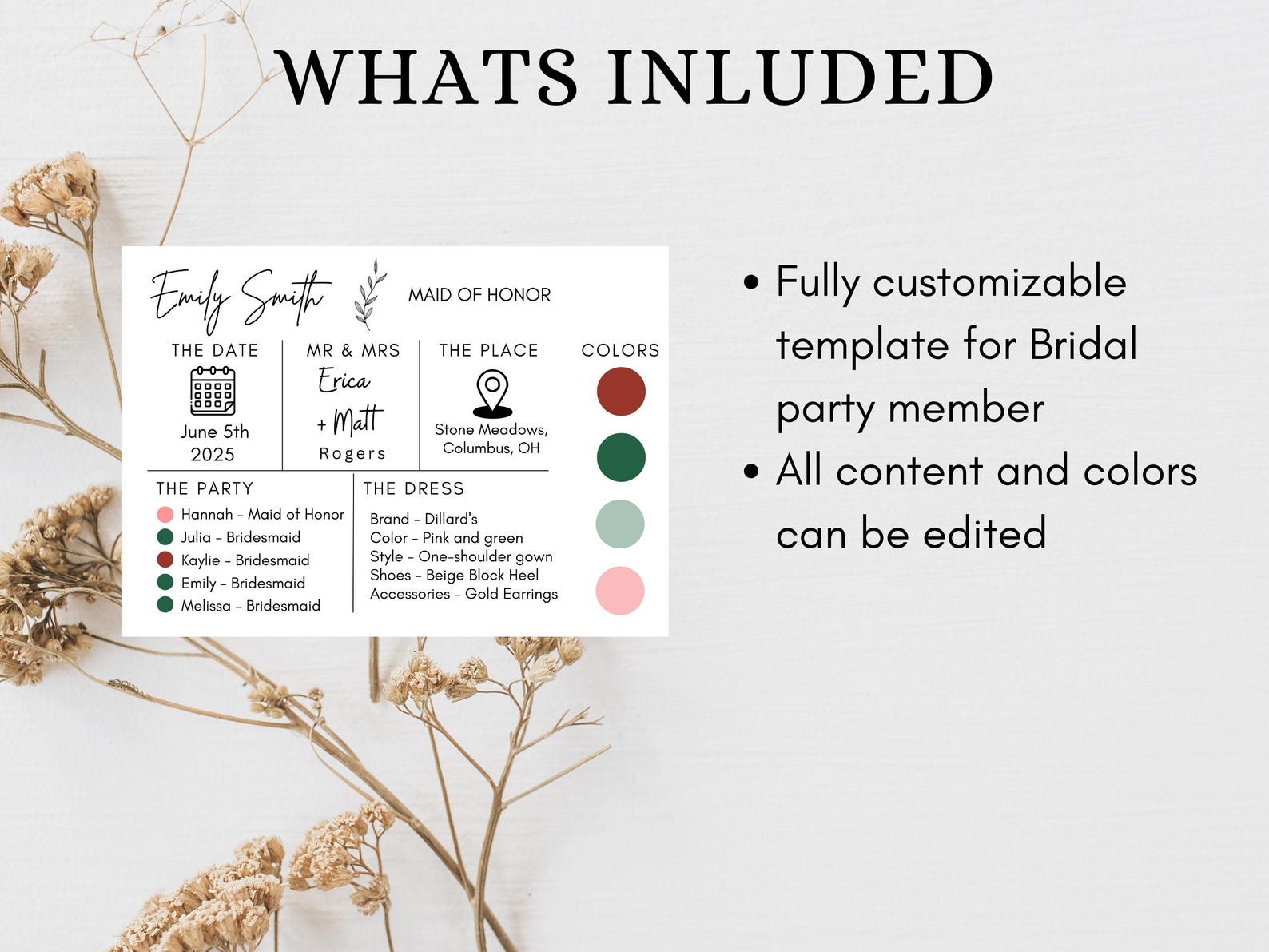 Bridal Party Info Card Template 7" by 5" - Etsy