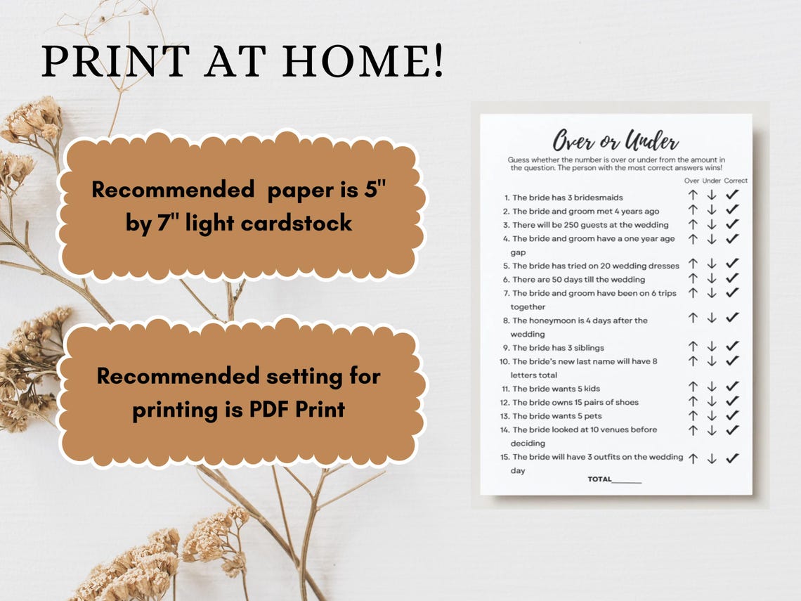 Over or Under Bridal Shower Game Template - Etsy