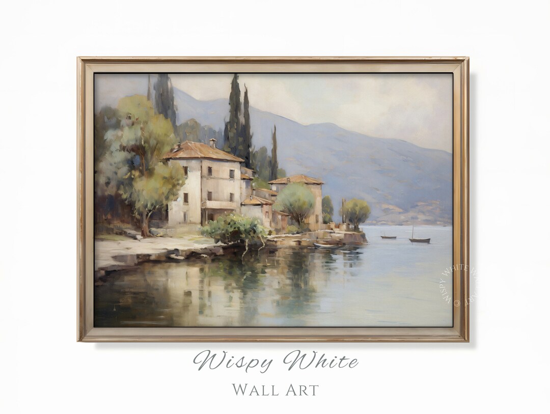Vintage Lake House Painting | Rustic Riviera Landscape Print (digital ...