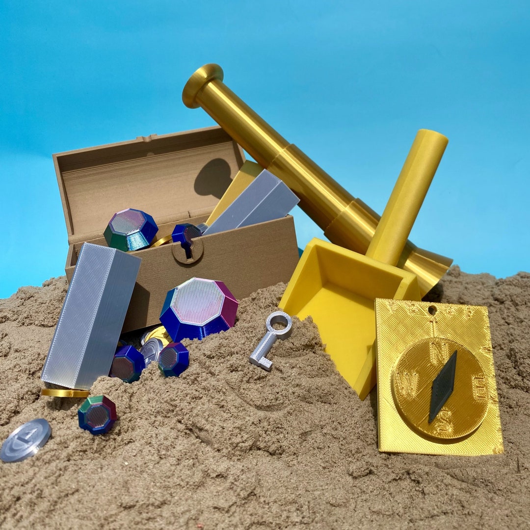 Beach Buried Treasure Chest With Coins, Gems, Shovel, Spyglass, Compass ...