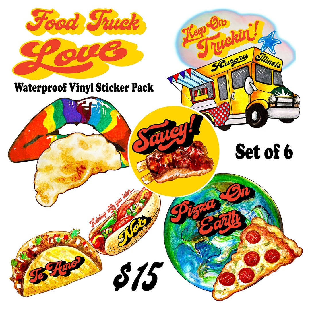 Food Truck Love Vinyl Sticker 6 Pack, Classic Food Truck Foods, Durable ...