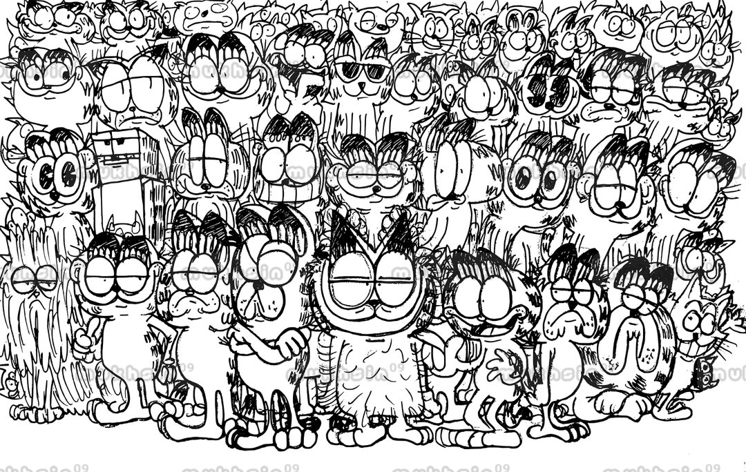 Garfield Printable Wall Art Hand Drawn Black and White Digital Download ...
