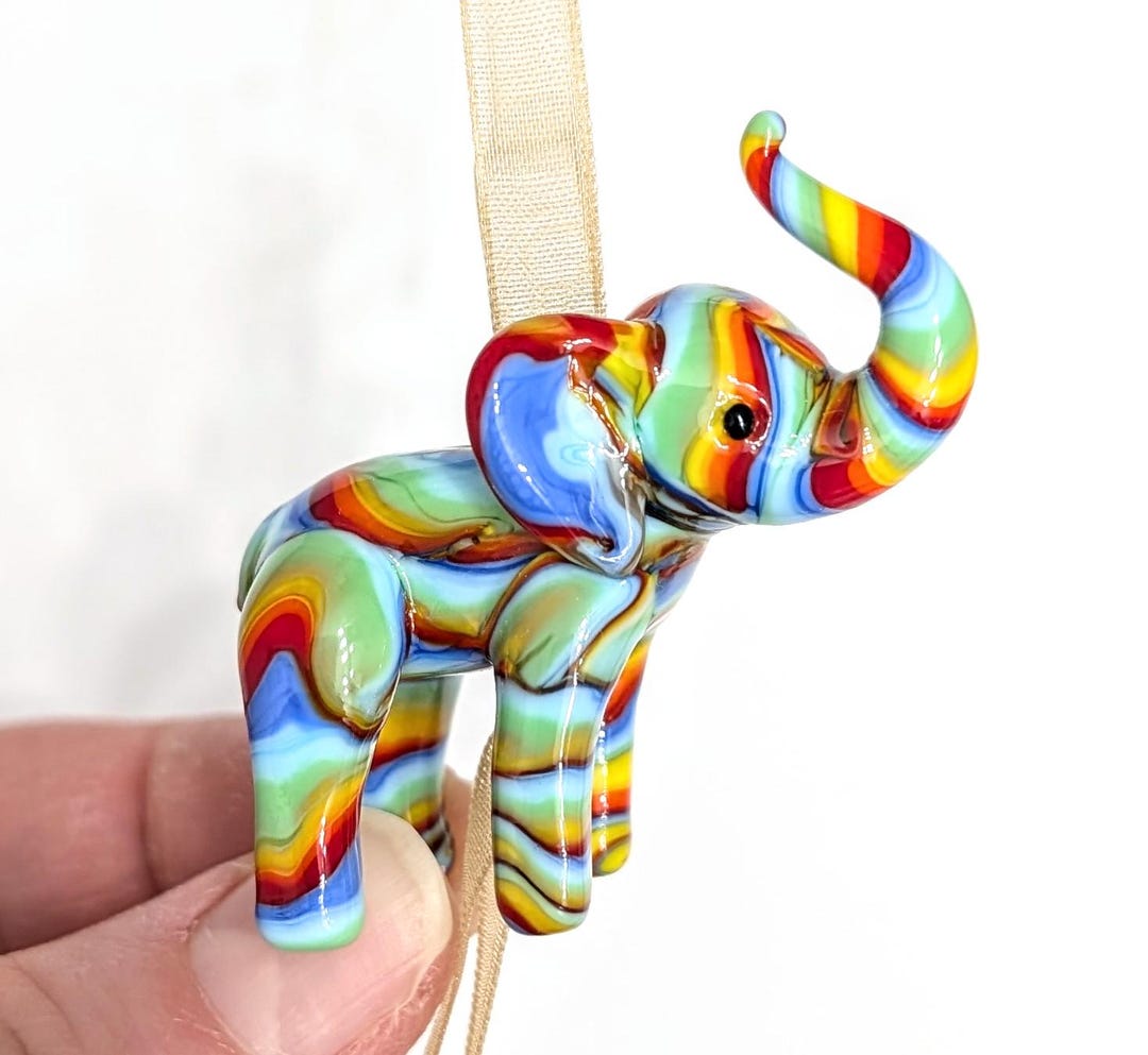 Rainbow Swirl Glass Elephant Christmas Ornament, Handmade Blown Glass ...
