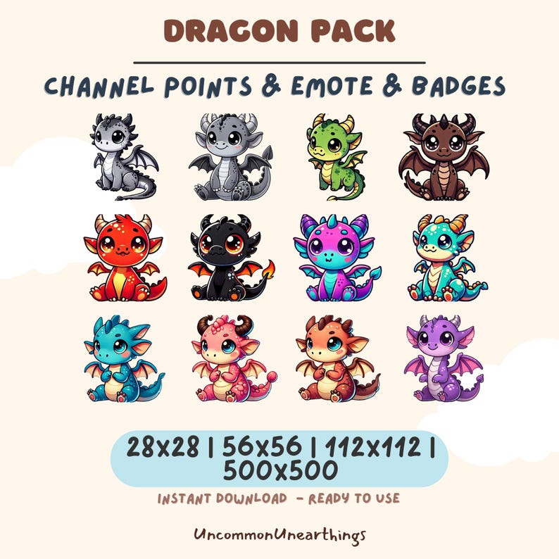 Dragon Twitch Emotes Pack, Kawaii Chibi X12 | Channel Points, Sub Badge ...
