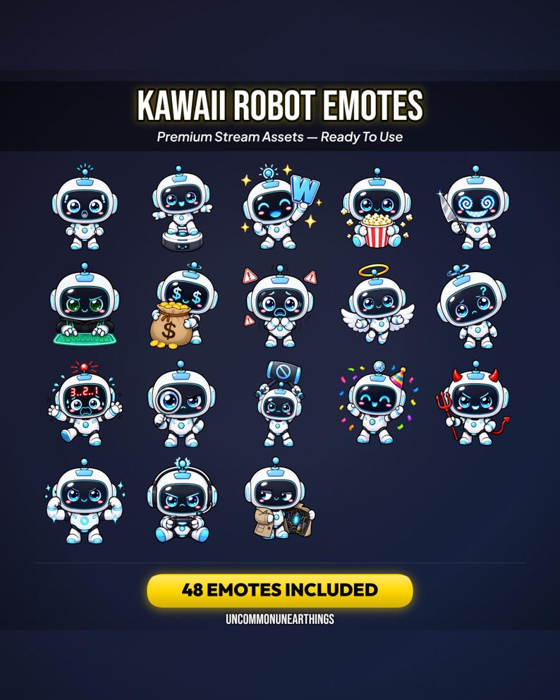 Kawaii Robot Emotes Pack | X48 Cute Bot Chibi for Twitch, Discord, Kick ...