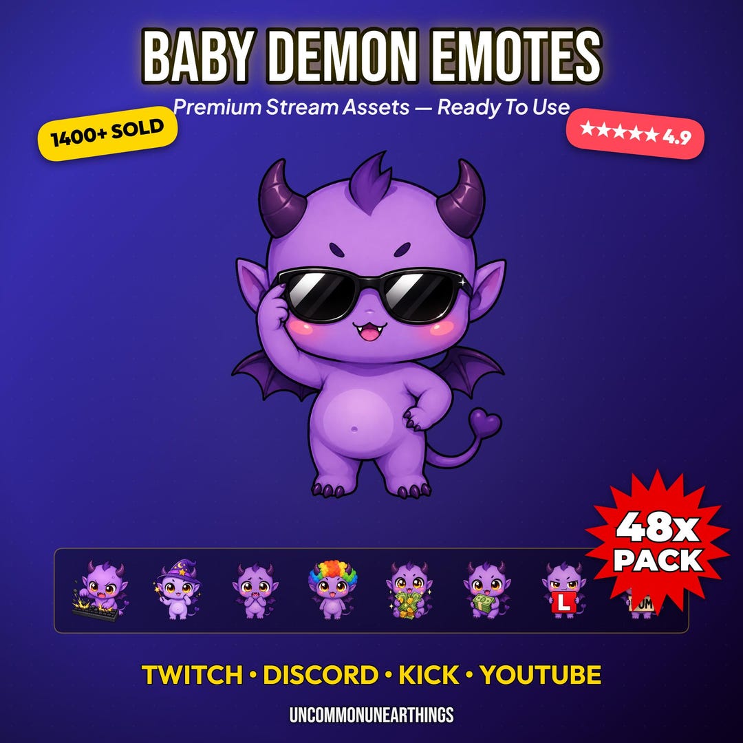 Baby Demon Emotes Pack | X48 Purple Devil Chibi, Twitch Discord Kick ...