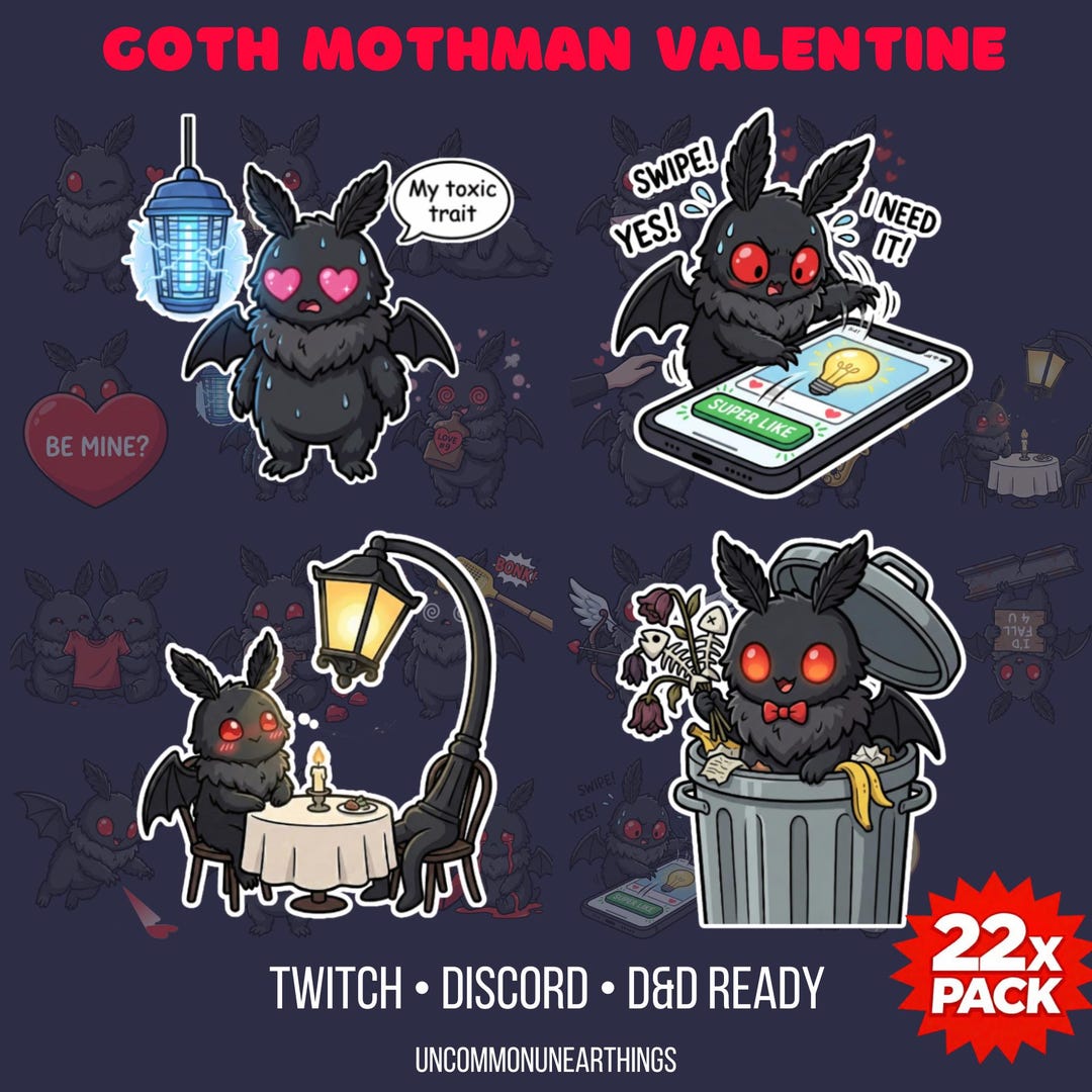 Mothman Valentine Emotes for Twitch & Discord | Funny Goth Love Sticker ...