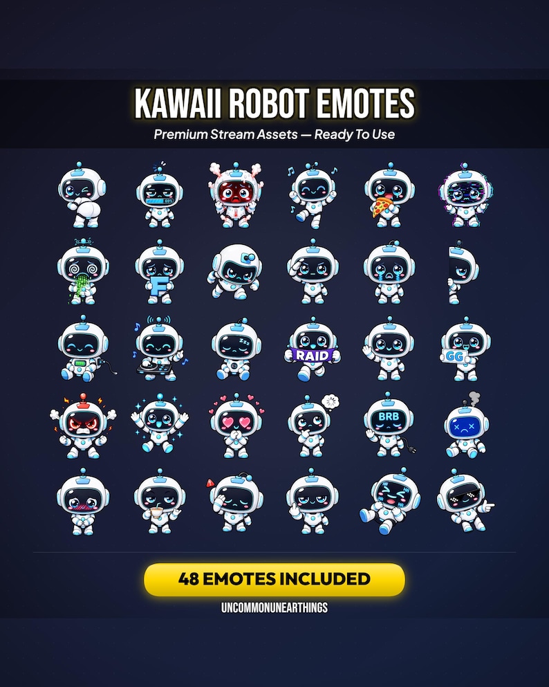 Kawaii Robot Emotes Pack | X48 Cute Bot Chibi for Twitch, Discord, Kick ...