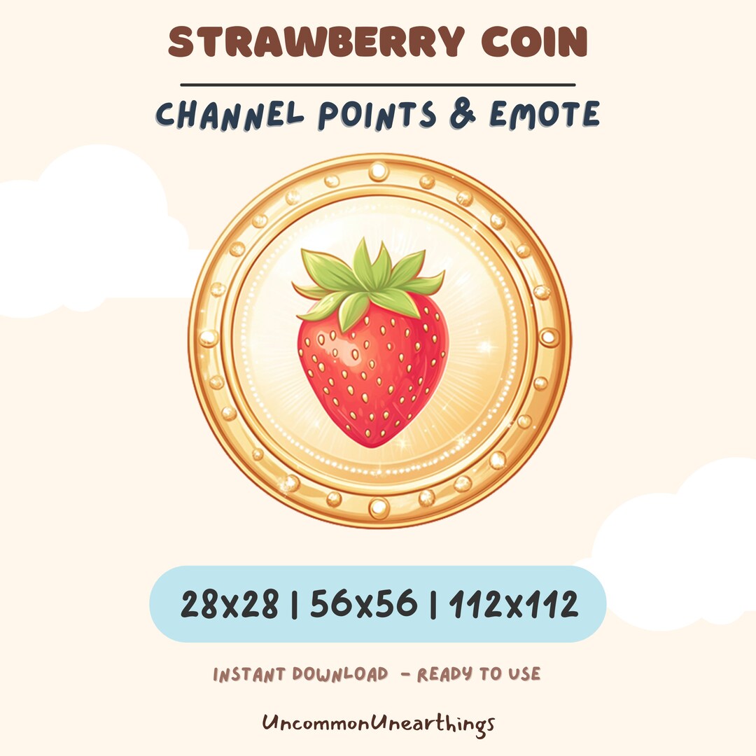 Strawberry Kawaii Coin Emote | Twitch Channel Points Icon | Cute Gold ...