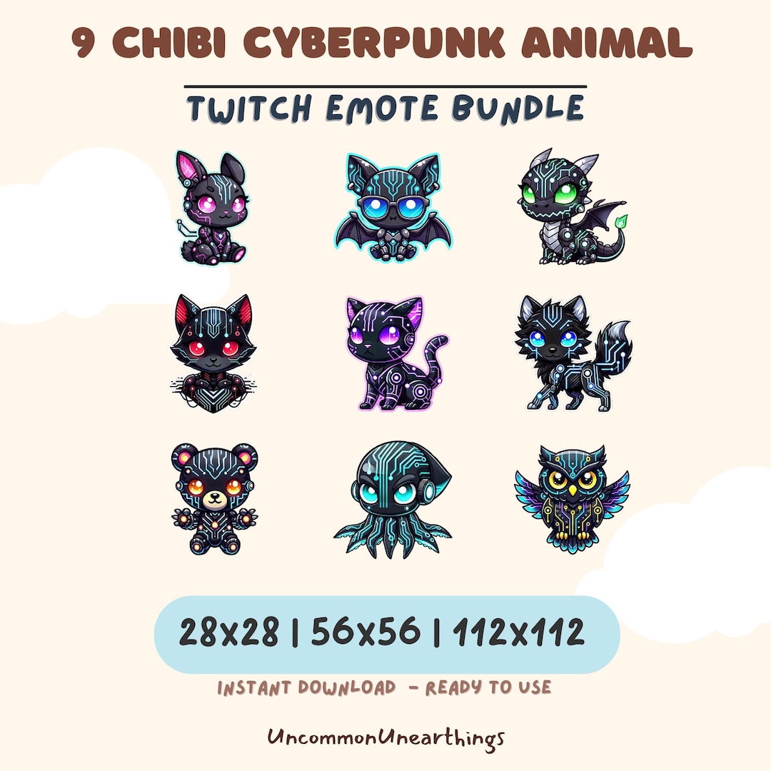 Cyberpunk Chibi Animal Emotes: Neon Glitch Twitch/discord Pack (instant ...