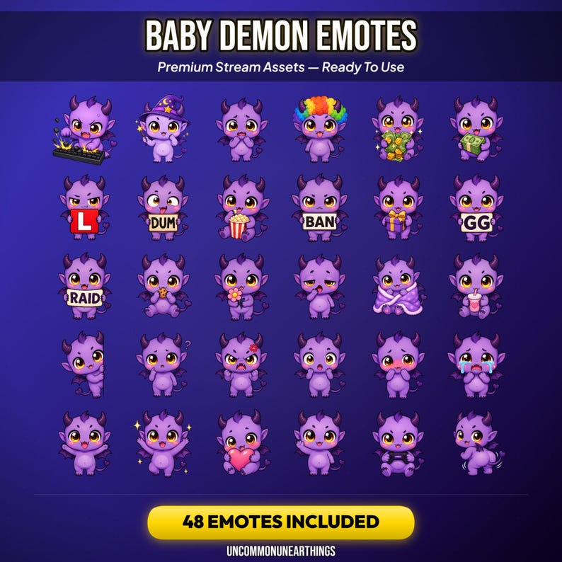 Baby Demon Emotes Pack | X48 Purple Devil Chibi, Twitch Discord Kick ...