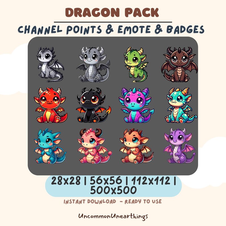 Dragon Twitch Emotes Pack, Kawaii Chibi X12 | Channel Points, Sub Badge ...