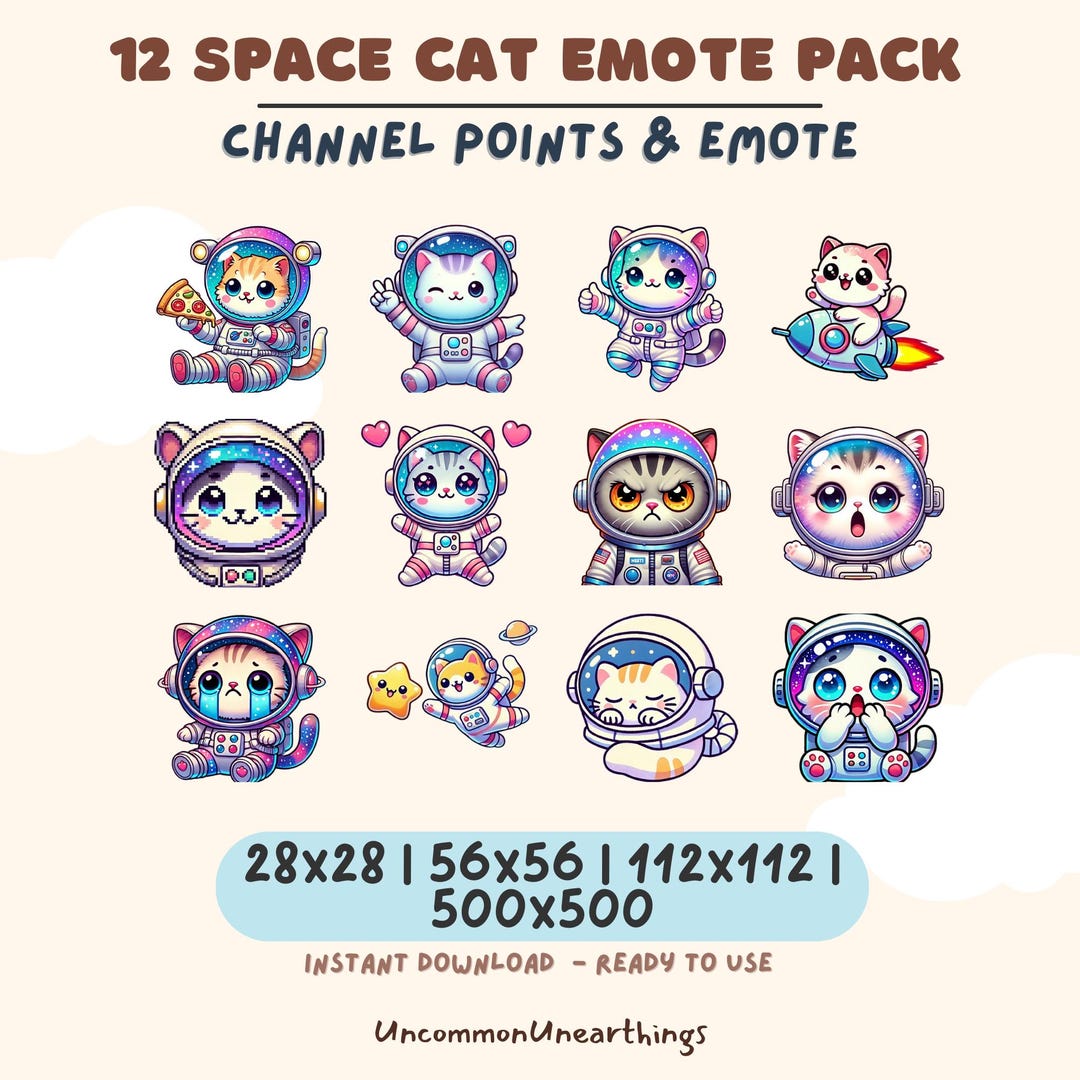 Space Cat Emotes Pack | Kawaii Chibi Twitch Discord | 12 PNG Emotes ...