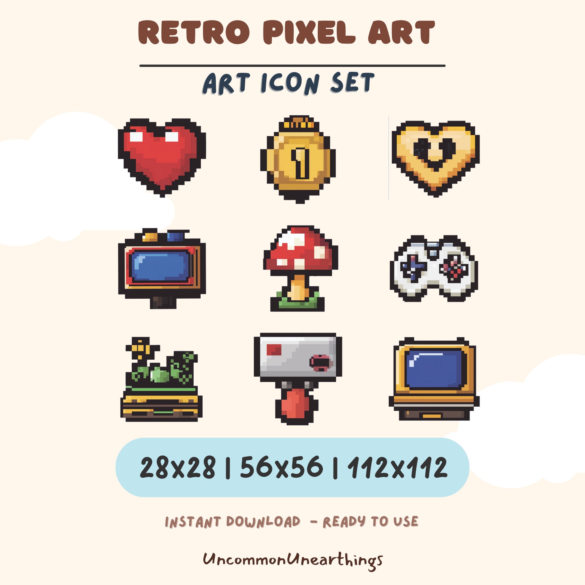 Vintage 8bit Pixel Art Stickers and Digital Gaming Designs Icons - Etsy