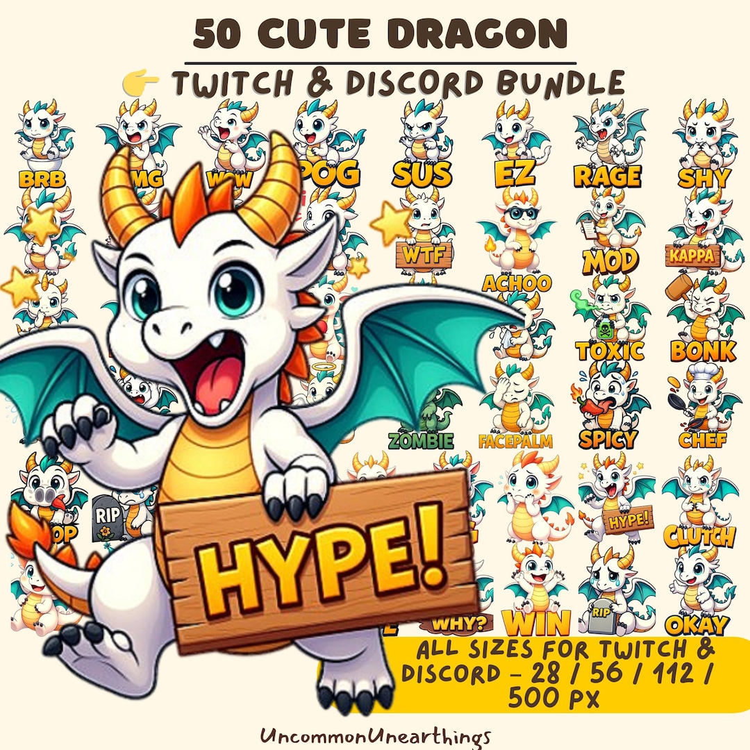 50 Cute Dragon Emotes for Twitch Discord, White Fantasy Animal Stickers ...