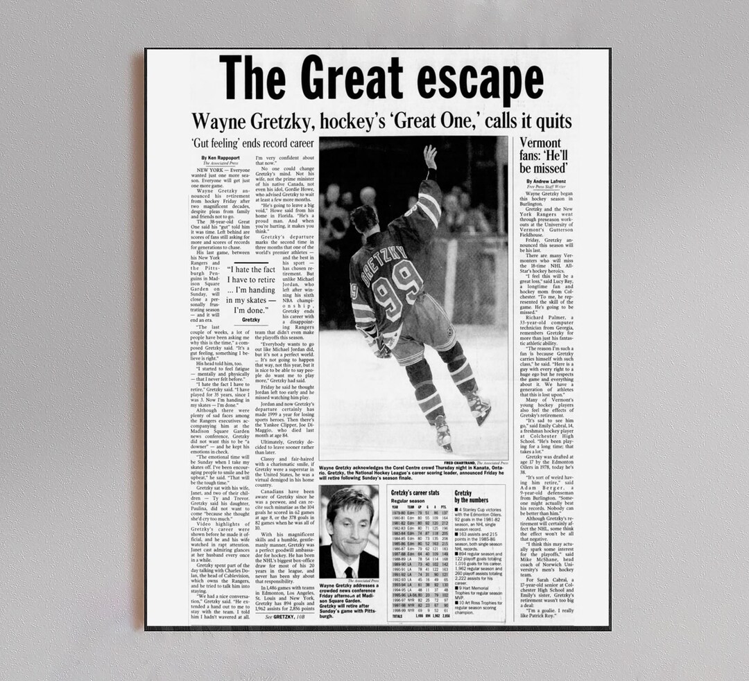Wayne Gretzky Great Escape Rolled Poster, Sports Wall Art, Hockey Decor ...