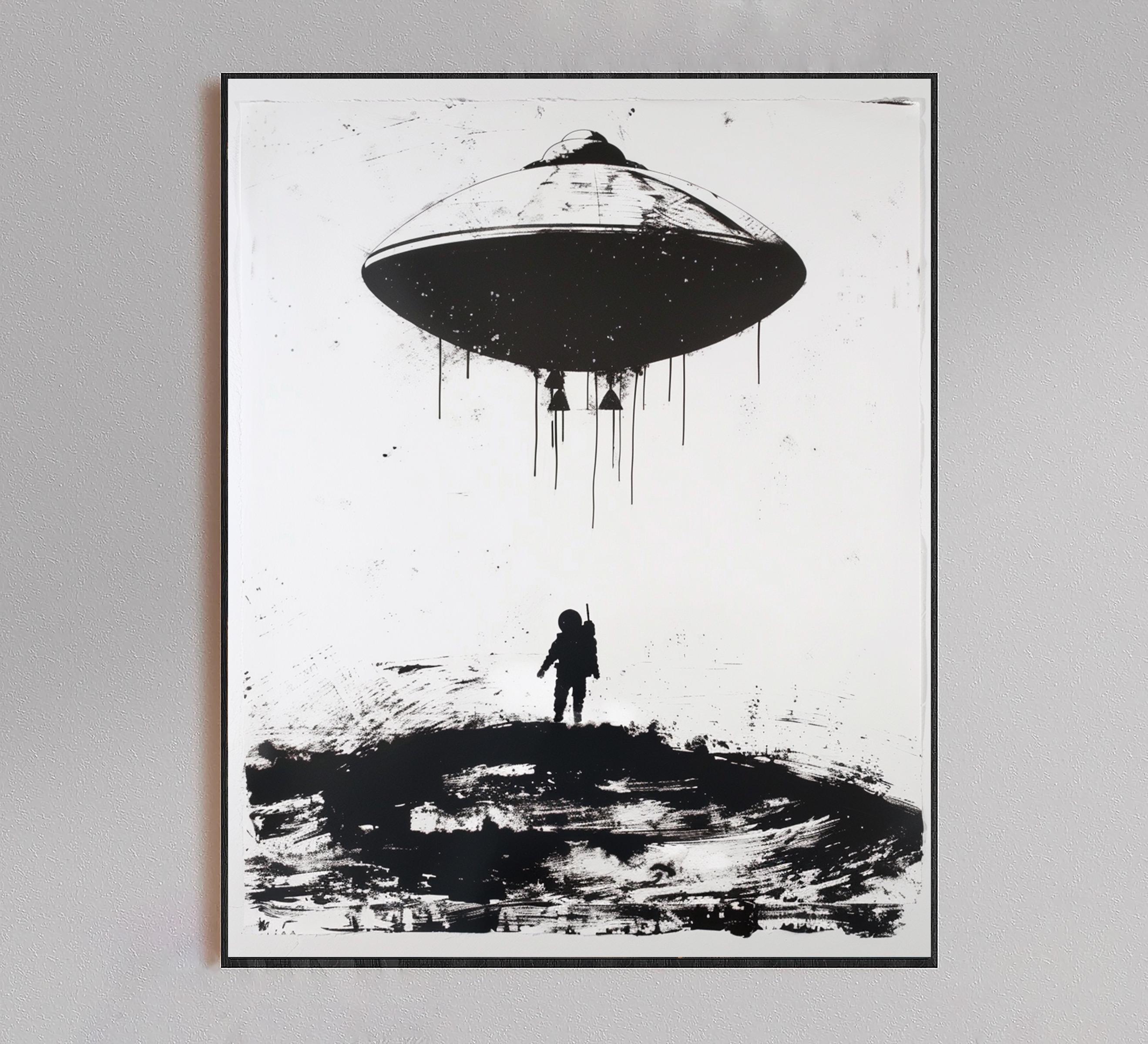 Astronaut and UFO Stencil Art - Black and White Minimalist Poster - Sci ...