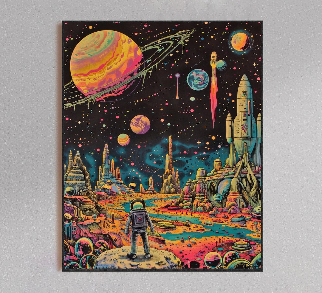 Retro Psychedelic Space Art, Trippy Astronaut Exploring Colorful Alien Planets | Vibrant Cosmic ...