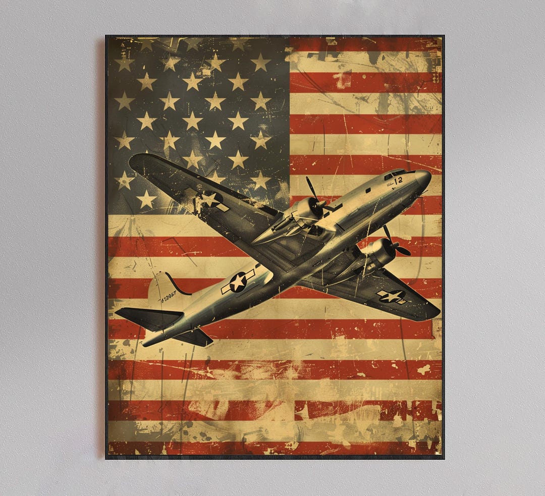 Vintage WWII Fighter Plane Art Print American Flag Background Military ...